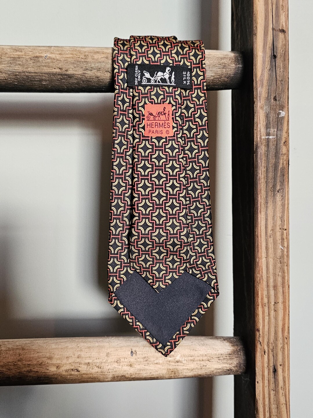 Authentic Hermès Paris Silk Tie – Black, Red & Gold Geometric Rope Grid ...