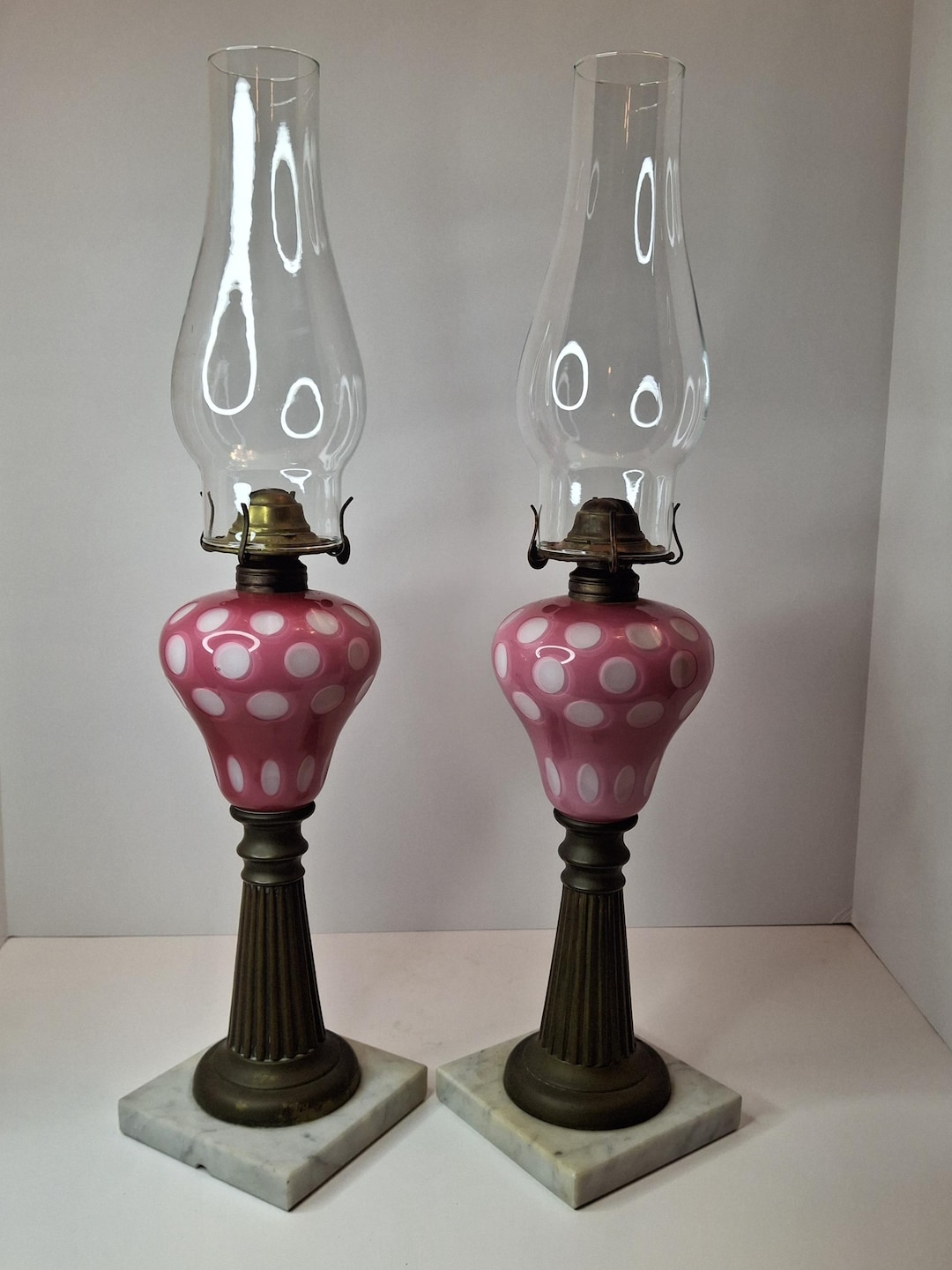 Antique Pair Rose Pink to White Overlay Glass Lamps Punty Cut Marble ...