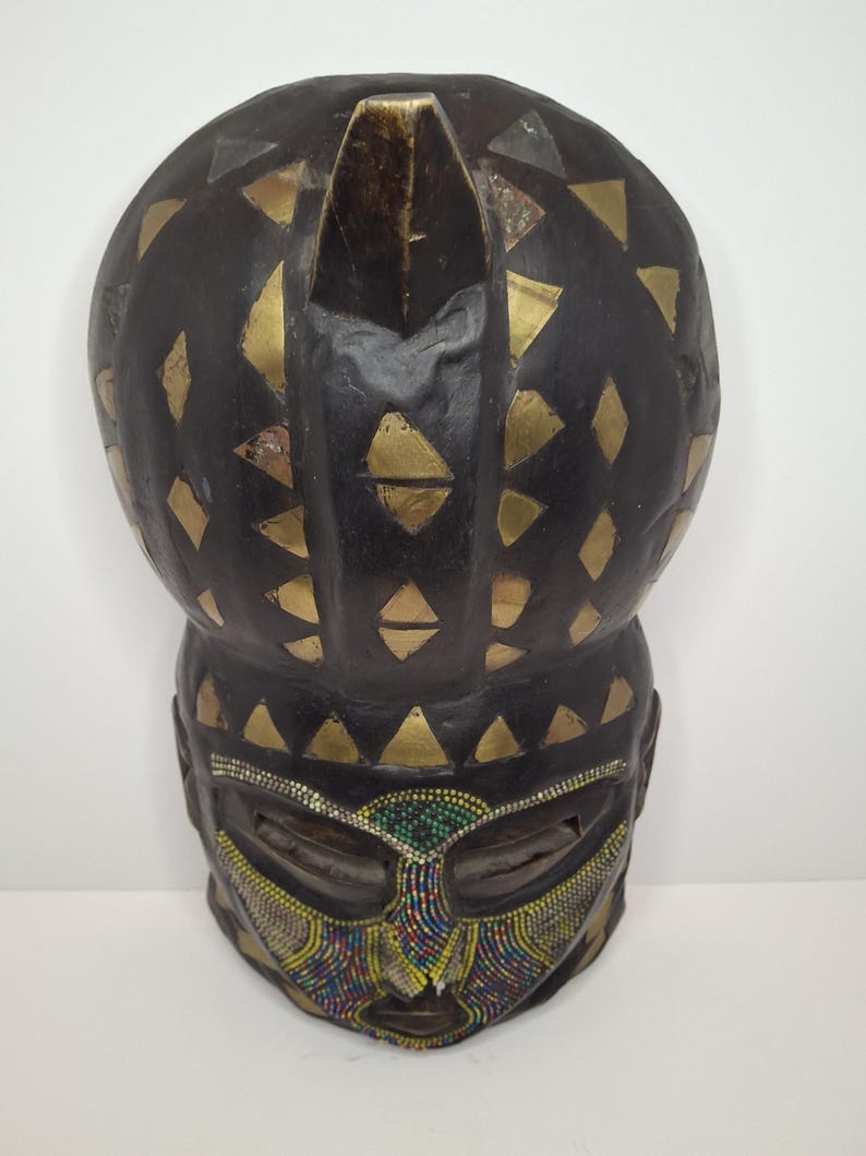 Vintage Kuba African Mask Hand-carved Wood W/ Colorful Beadwork & Brass ...