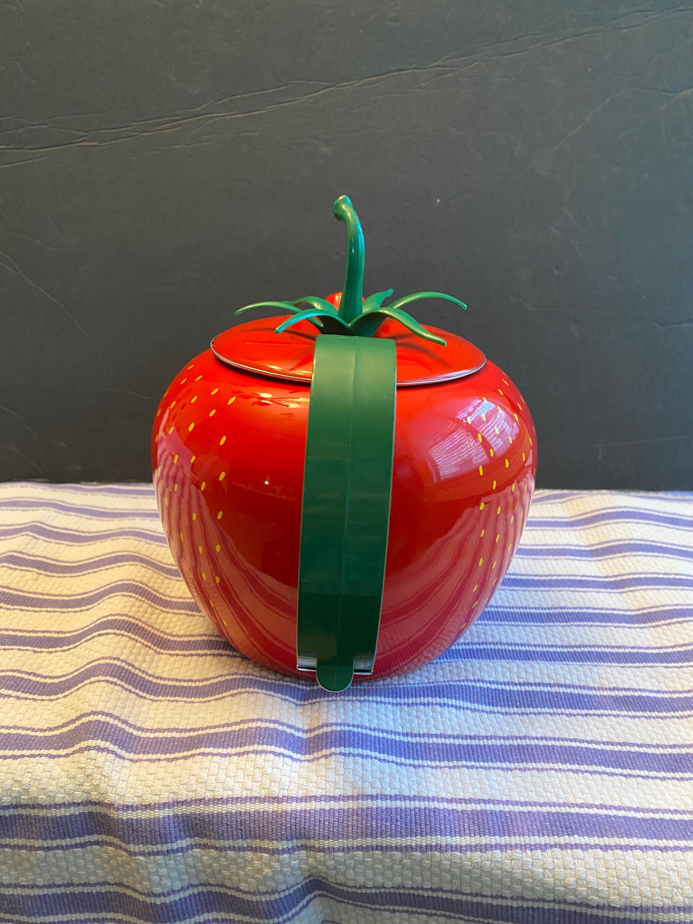 Vintage Copco Strawberry Shaped Red Enamel Metal Teapot Kettle, Green ... Vintage Copco Strawberry Shaped Red Enamel Metal Teapot Kettle, Green ...