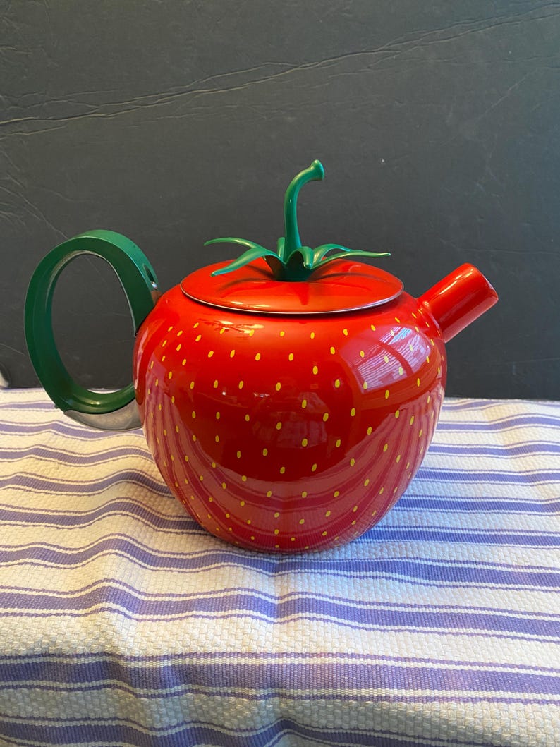 Vintage Copco Strawberry Shaped Red Enamel Metal Teapot Kettle, Green ...