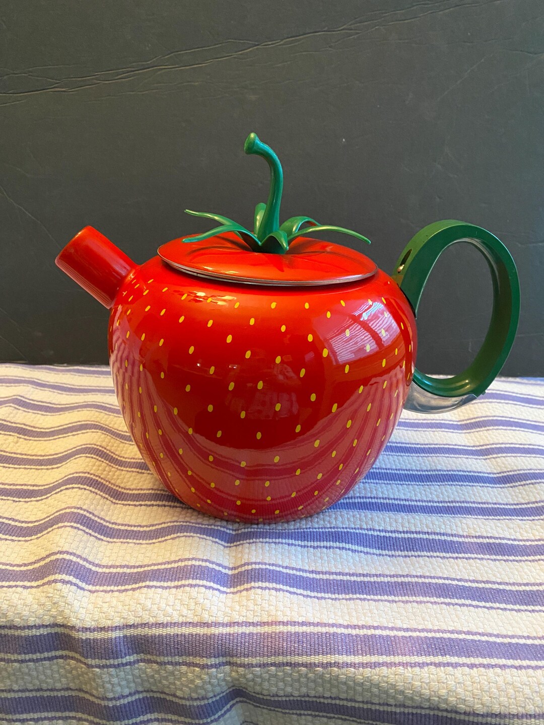 Vintage Copco Strawberry Shaped Red Enamel Metal Teapot Kettle, Green ...
