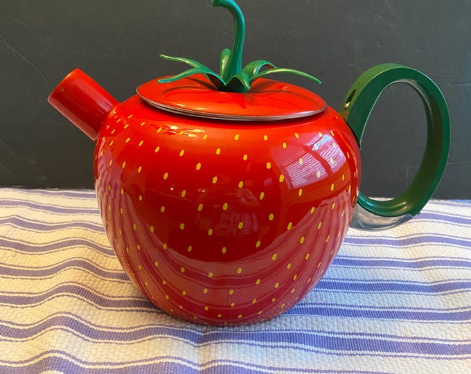 Vintage Copco Strawberry Shaped Red Enamel Metal Teapot Kettle, Green ...