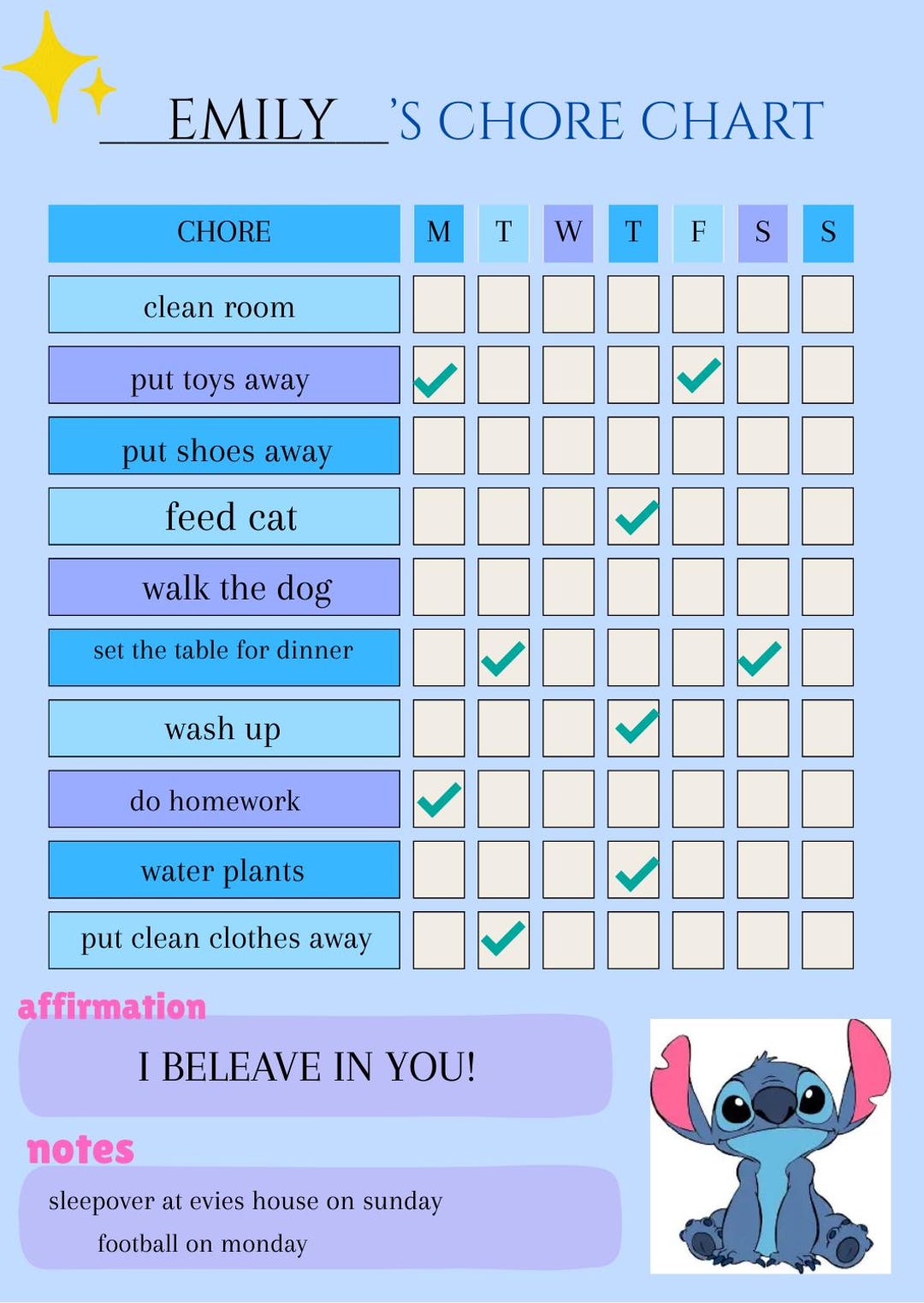 Kids Stitch Chore Chart Template - Etsy