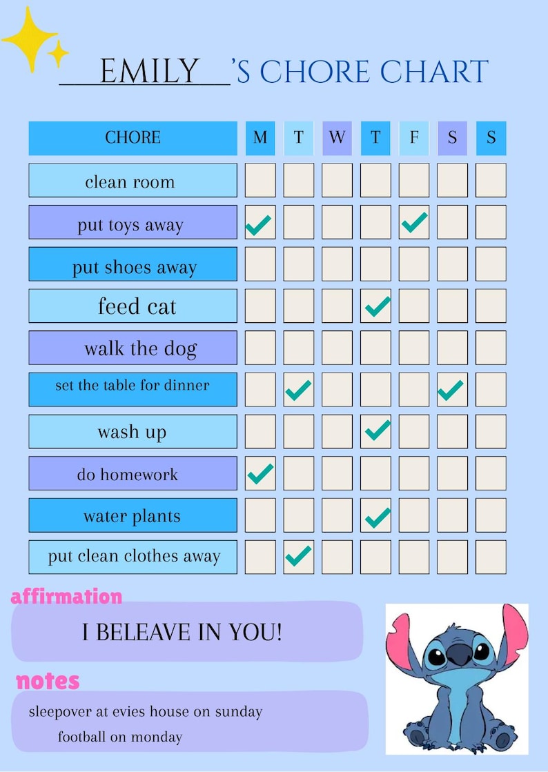 Kids Stich Chore Chart Template - Etsy