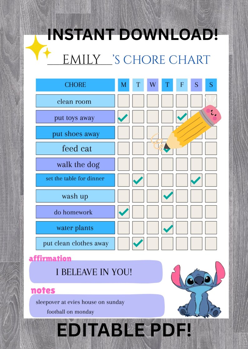 Kids Stich Chore Chart Template - Etsy
