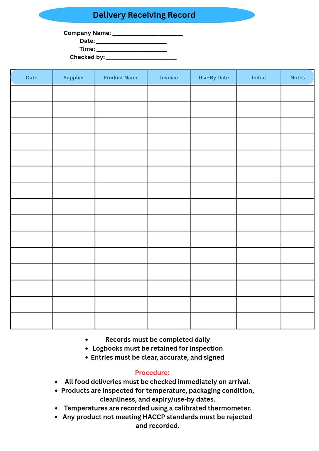 Delivery Kitchen HACCP Logbook | Food Safety & Compliance Records ...