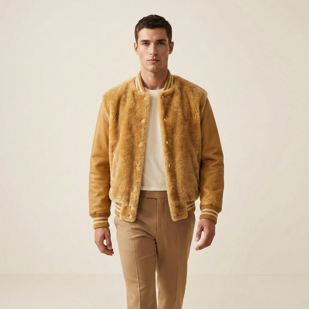 Men’s Tan Faux Fur Varsity Jacket – Luxury Winter Streetwear Coat - Etsy