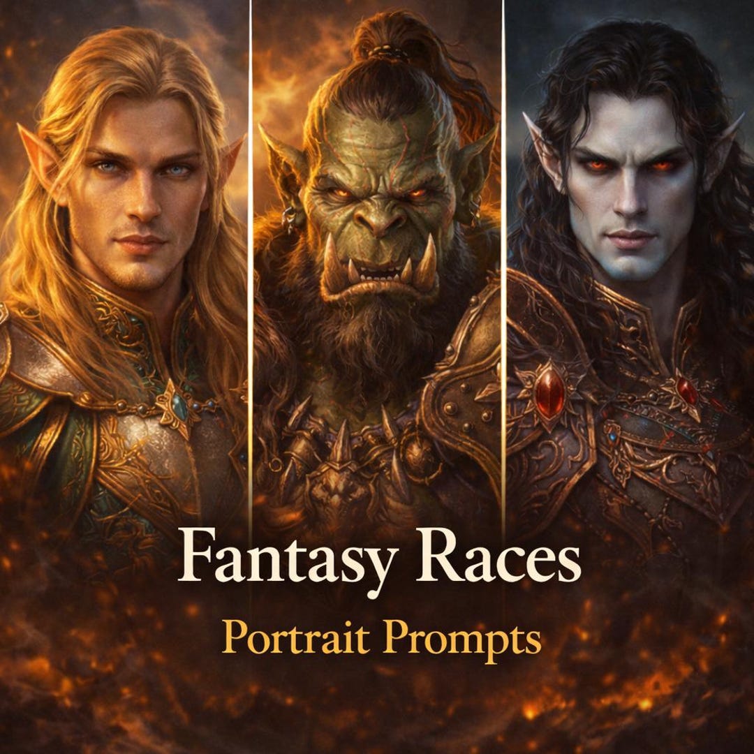 50 Fantasy Races Portrait AI Art Prompts – Elves, Orcs, Vampires (PDF ...
