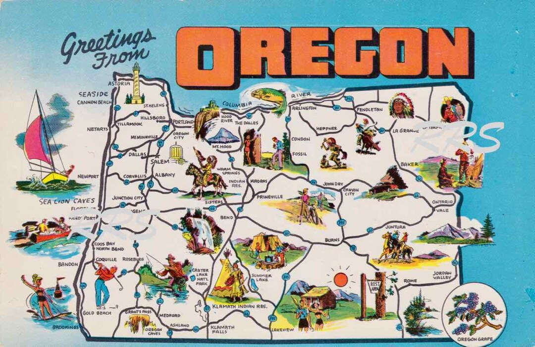 Oregon | Greetings From | State Map | Boating | Big Letter | Vintage ...