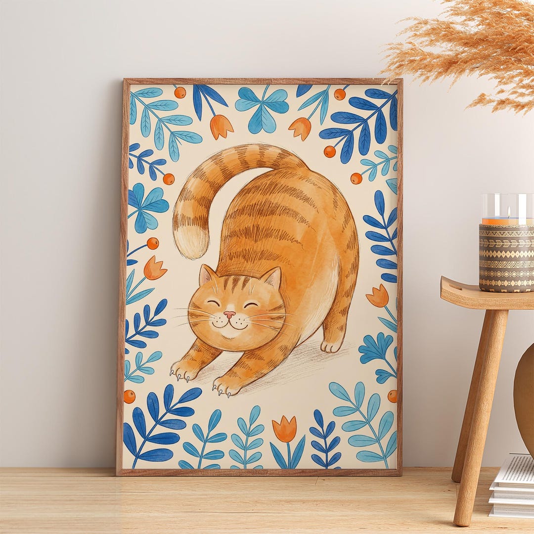 Orange Tabby Cat Wall Art | Whimsical Floral Cat Poster | Cat Lover ...