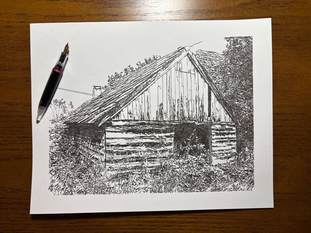 Overgrown Barn Ink Drawing, Scribble Line Art, 11x14 Drawing, Wall ...