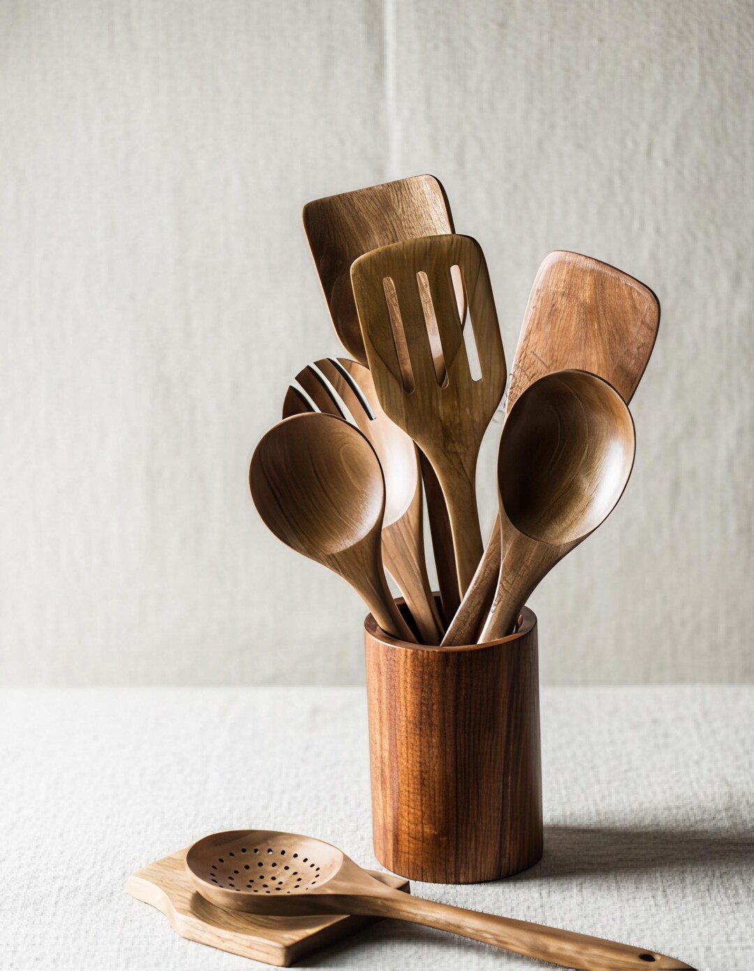 Wooden Spoon Set With Holder, Teak Wood Cooking Utensils Set for ...
