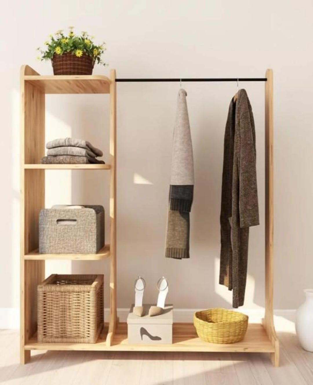 Handmade Solid Wood Open Wardrobe, Rustic Clothing Rack With Shelves ...