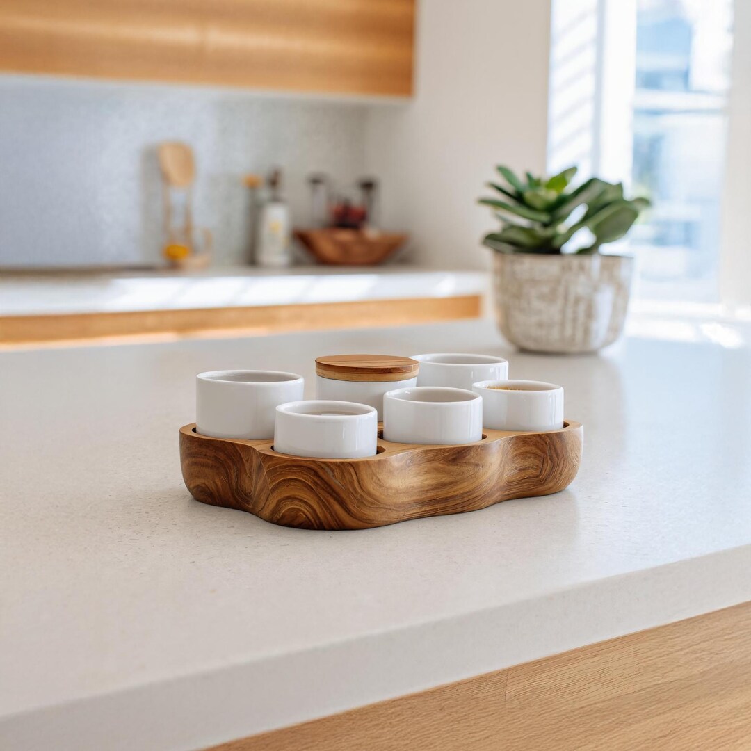 Wooden Spice Holder Set Solid Wood Seasoning Tray Handmade Condiment ...