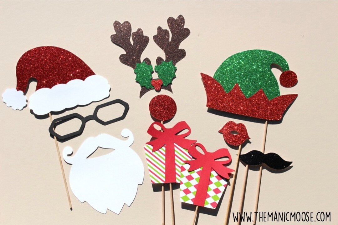 Holiday Props - DELUXE 10 Piece Set - GLITTER Photo Booth Props - Santa ...