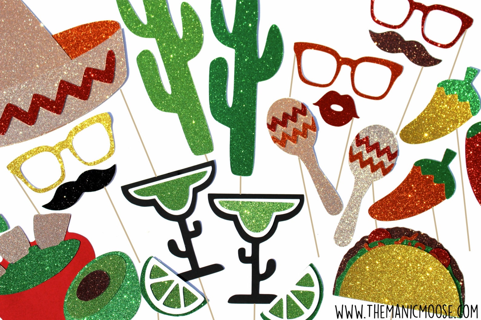 Photo Booth Props - DELUXE 22 Piece Prop Set With GLITTER - Cinco De ...