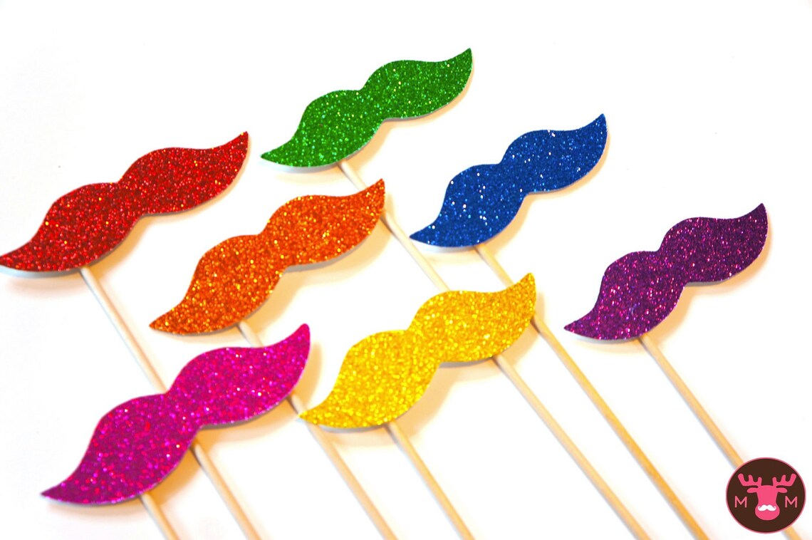 Photo Booth Props - Rainbow Glitter Mustaches on a Stick - Set of 7 ...