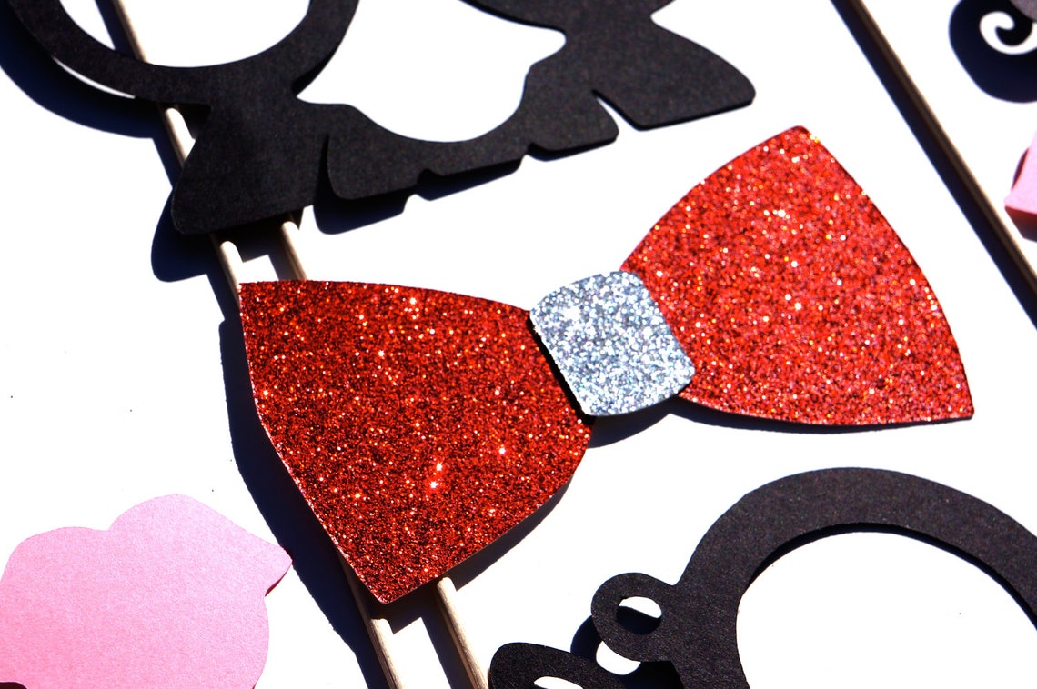 Photo Booth Props - Classic Wedding - Red GLITTER Bow Tie - 19 Piece ...