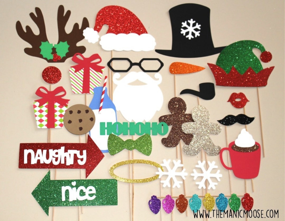 Christmas Photo Booth Props SUPER DELUXE 26 Piece Set GLITTER Photo ...