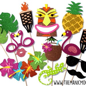 Tiki Photo Booth Props ~ 14 Piece Prop Set ~ GLITTER Photobooth Props ...