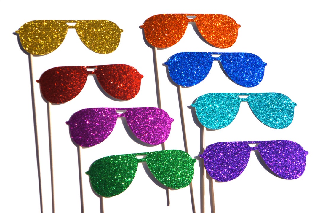 Photo Booth Props - Sunglasses on a Stick - Set of 8 - Rainbow Glitter ...