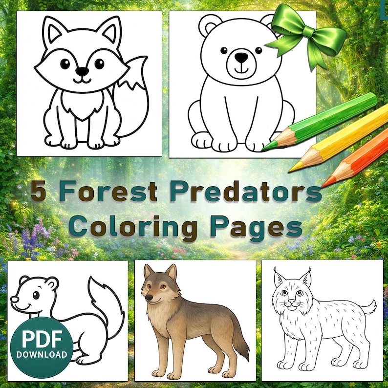 5 Coloring Pages of Forest Predators | Fox, Lynx, Wolf, Bear, Stoat ...