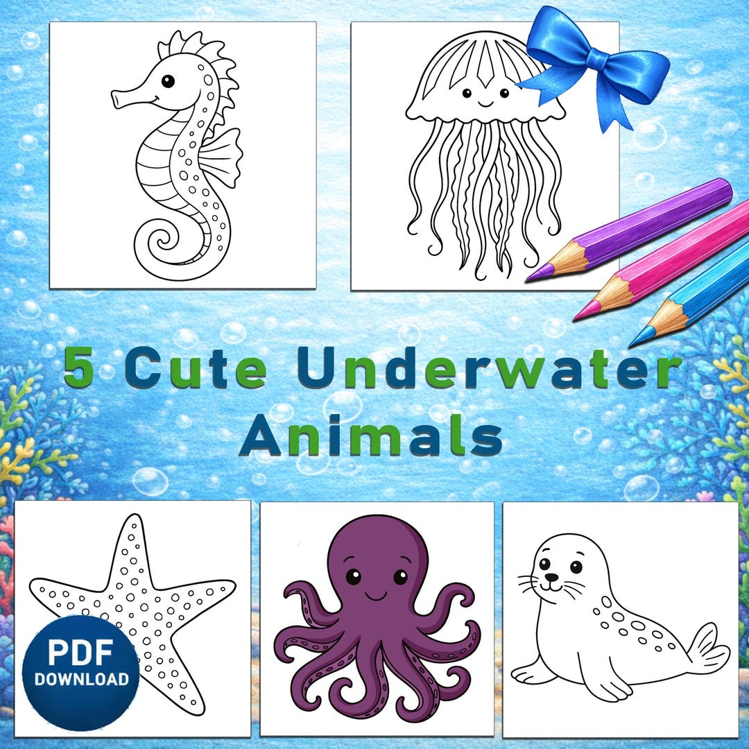5 Cute Underwater Animals Coloring Pages | Ocean Animals Coloring Set ...