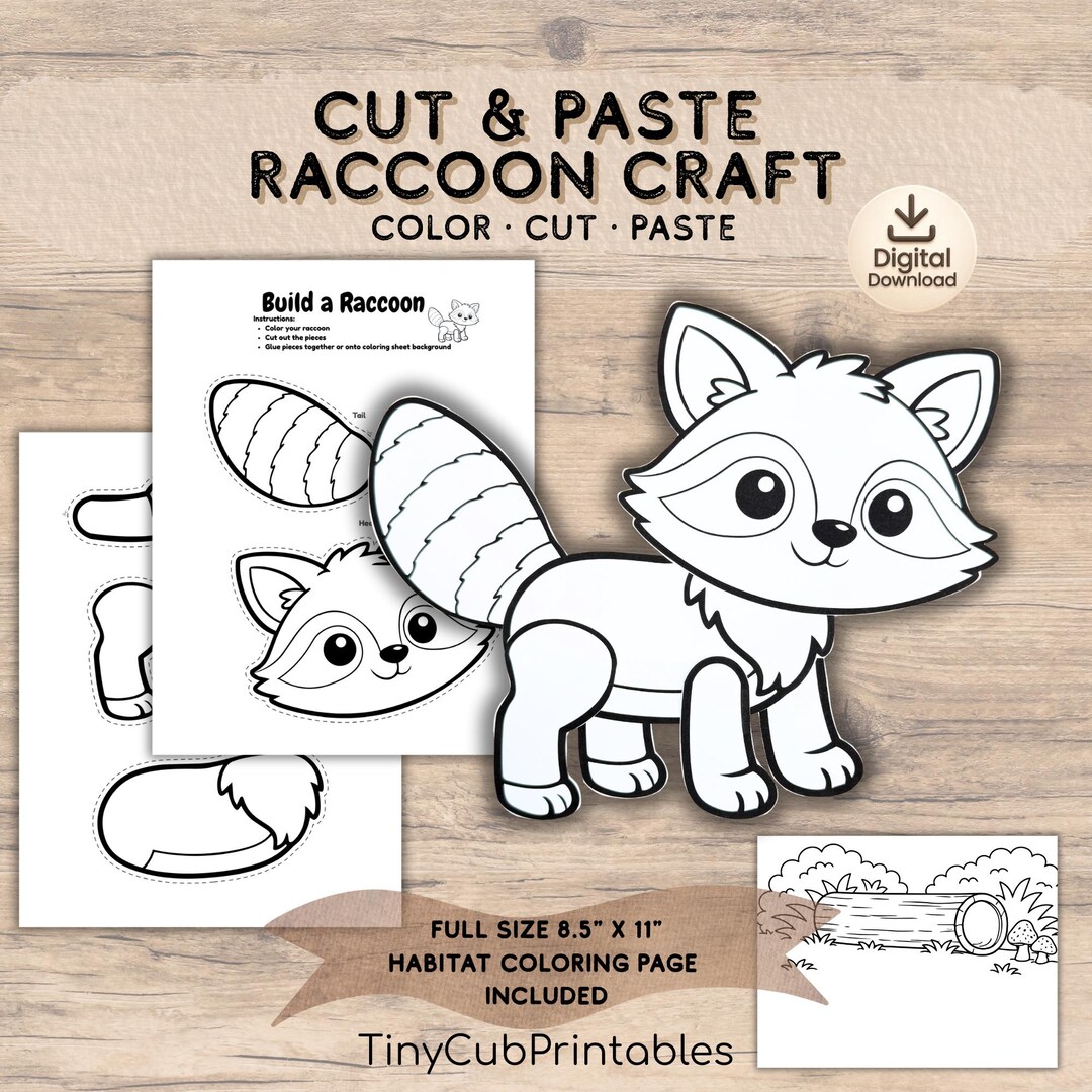 Raccoon Cut and Paste Craft | Woodland Coloring Page (digital Download ...
