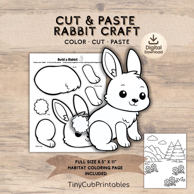 Rabbit Cut and Paste Craft | Woodland Coloring Page (digital Download ...