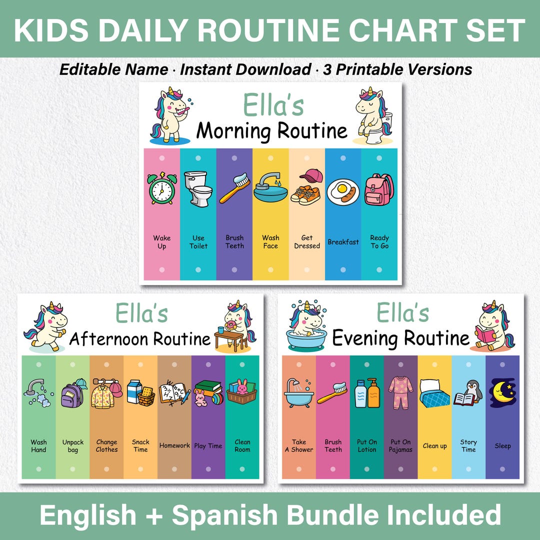 Unicorn Kids Daily Routine Chart Printable for Girls Visual Schedule ...