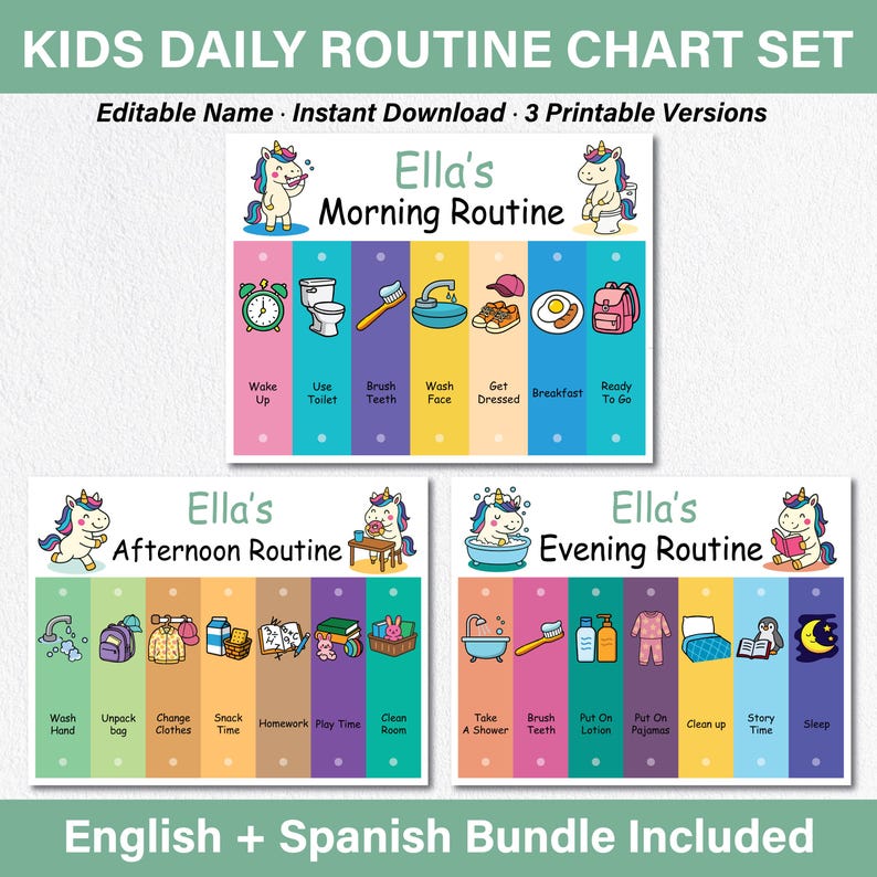 Unicorn Kids Daily Routine Chart Printable for Girls Visual Schedule ...