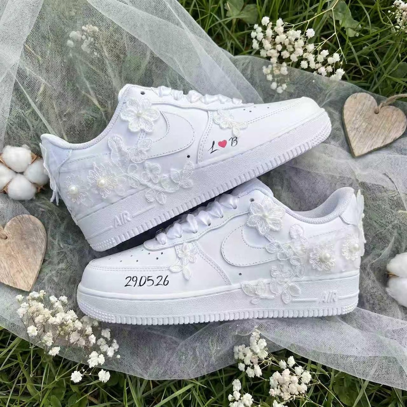 Custom Bridal Sneakers Lace Floral & Pearl Shoes for Bride ...