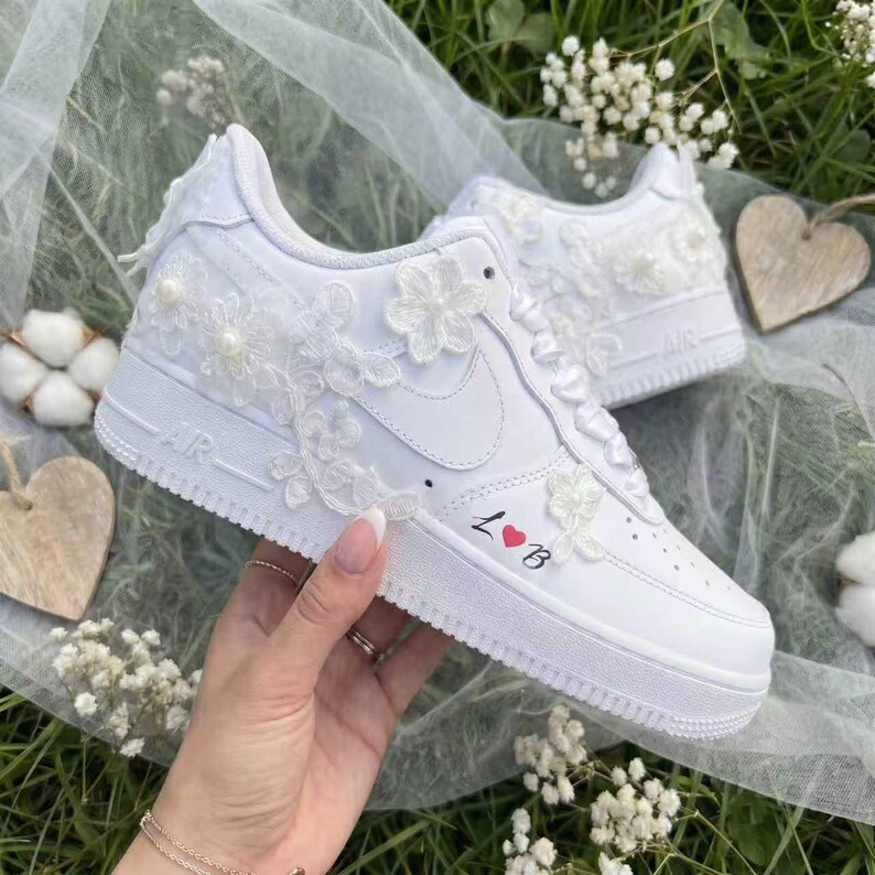 Custom Bridal Sneakers Lace Floral & Pearl Shoes for Bride ...