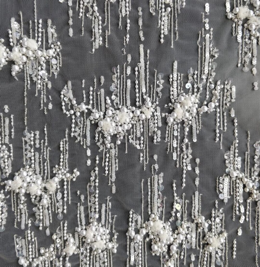 Linear Floral Beaded Lace on Transparent Tulle, 3D Flower Appliqué With ...