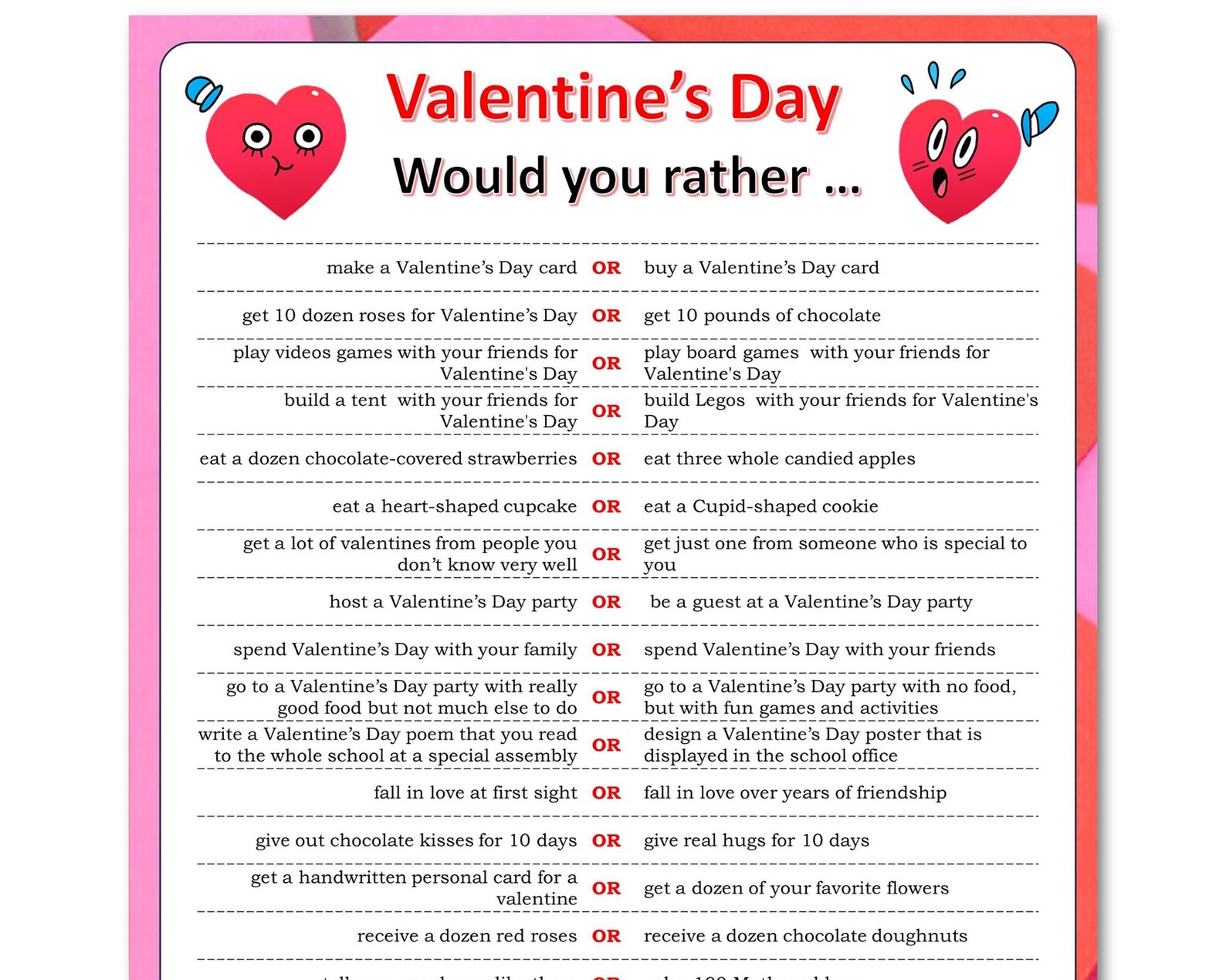 Valentine’s Day Would You Rather Game for Kids • Fun Classroom Activity ...