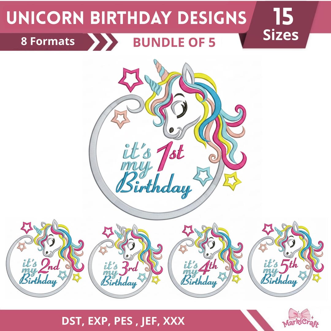 Unicorn Birthday Embroidery Designs Bundle, Ages 1-5 Birthday Girl ...