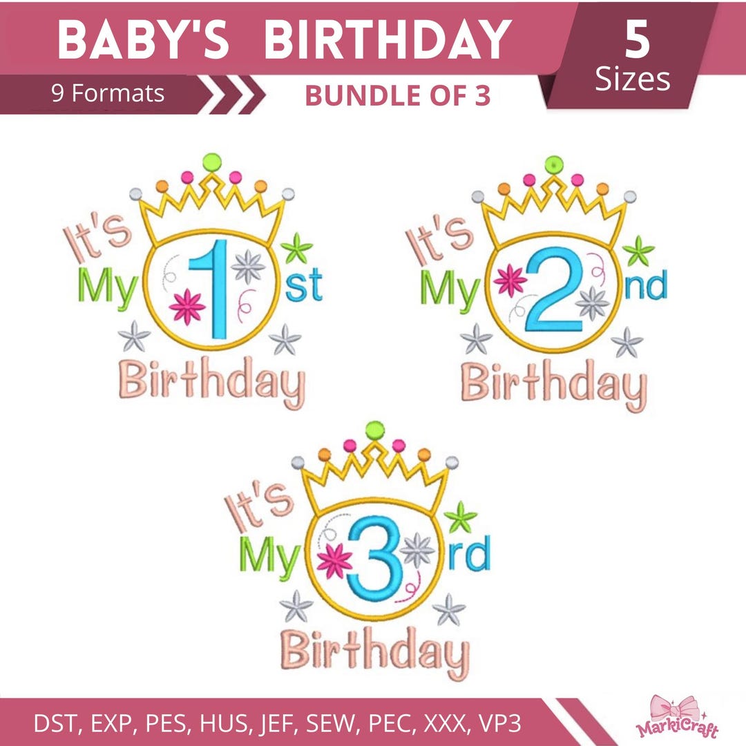 First Birthday Machine Embroidery Design, Baby's 1st Birthday Digital ...