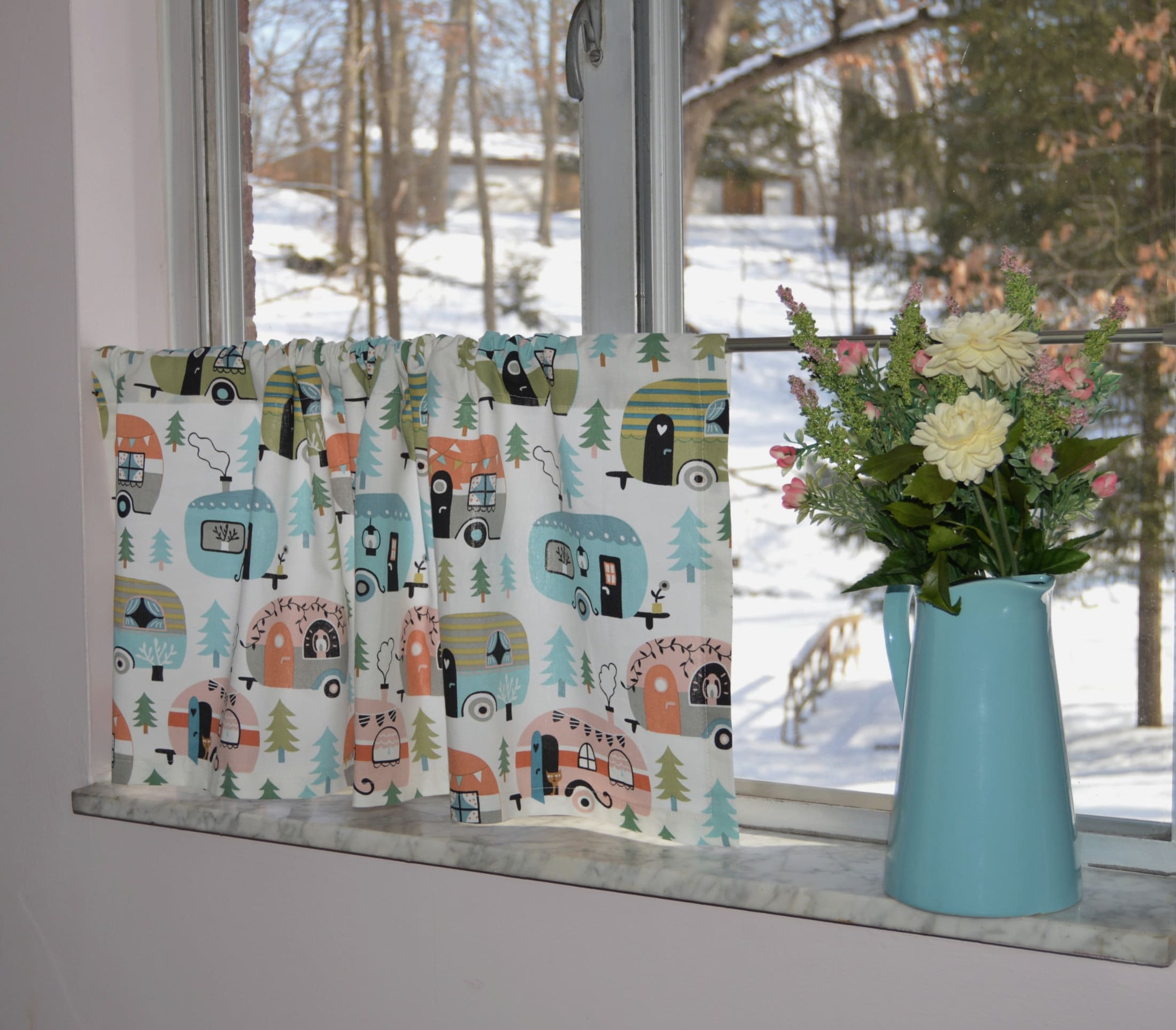 Retro Happy Camper Cafe Curtains . Kitchen Trailer Curtains . - Etsy