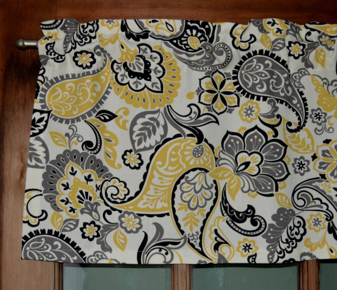Kitchen Window Valance . Gray Paisley Valance . Gray and Yellow Paisley ...