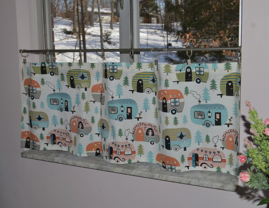 Retro Happy Camper Cafe Curtains . Kitchen Trailer Curtains . Travel ...