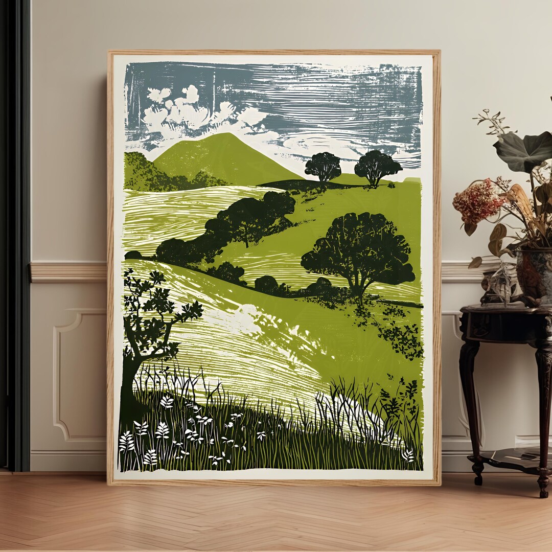 Modern Linocut Landscape Art Print, Modern Green Hills Wall Art, Nature ...
