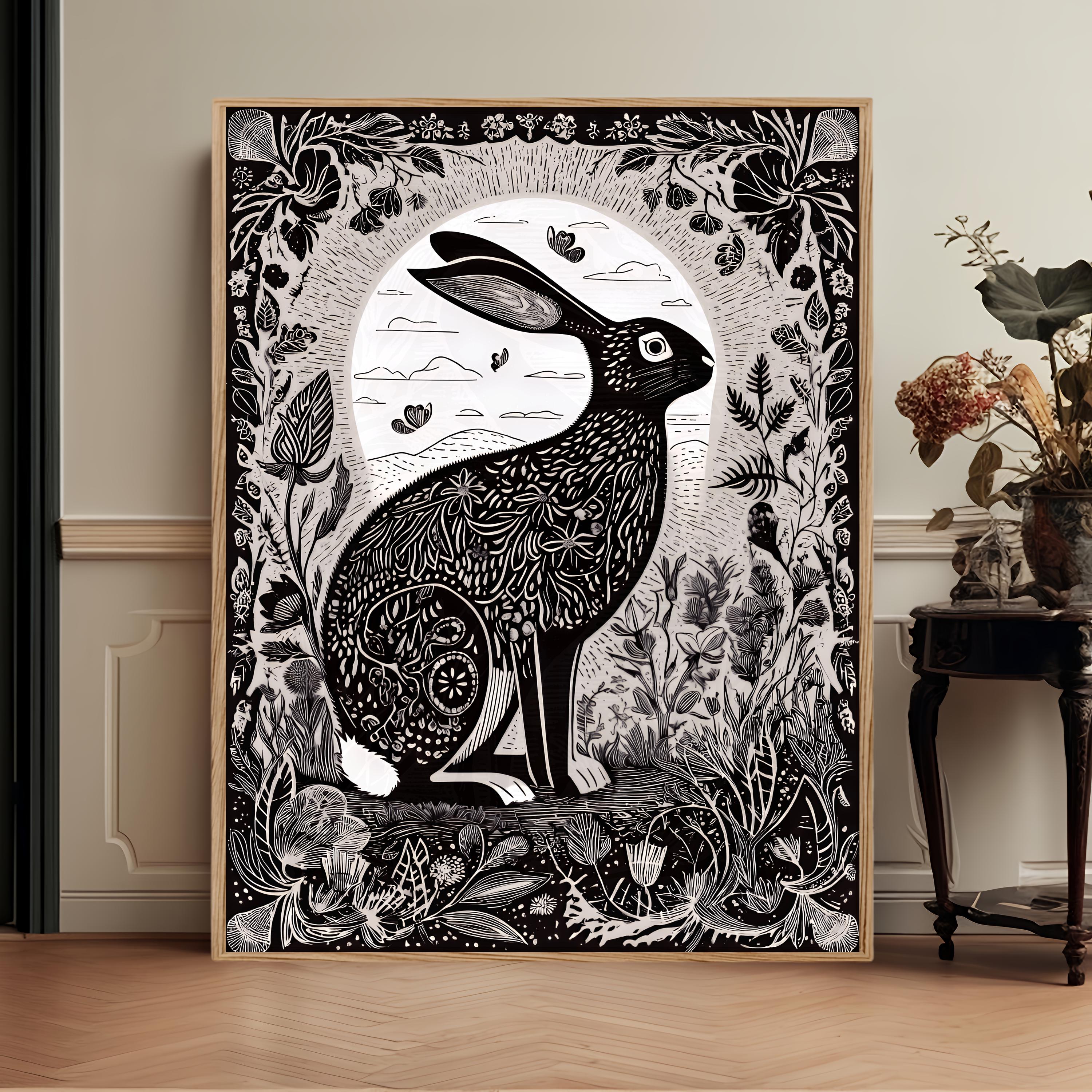 Rabbit Folk Art Print, Woodland Bunny Linocut Wall Art, Dark Academia ...
