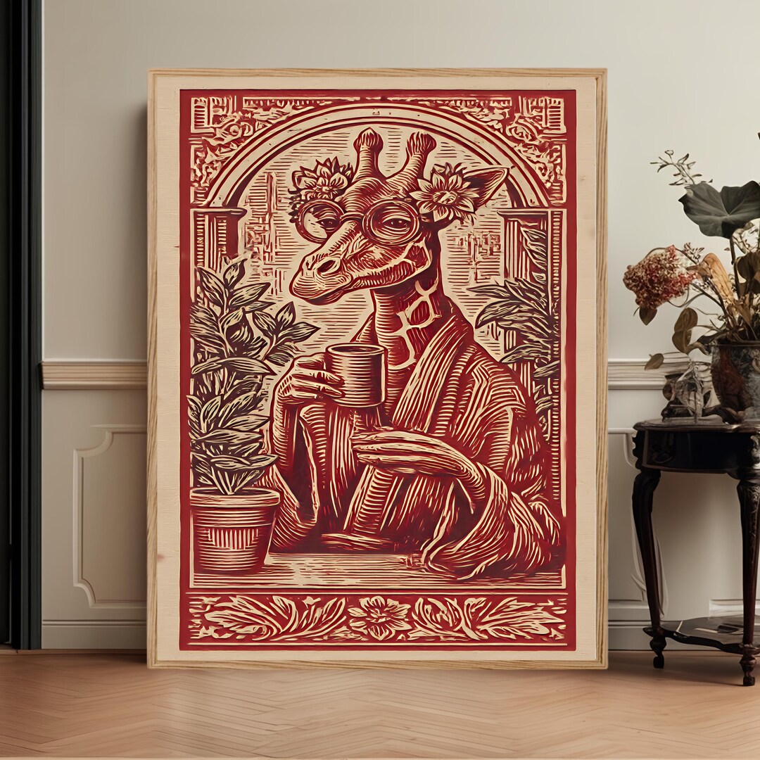 Red Linocut Giraffe Coffee Art Print, Whimsical Folk Illustration, Cozy ...
