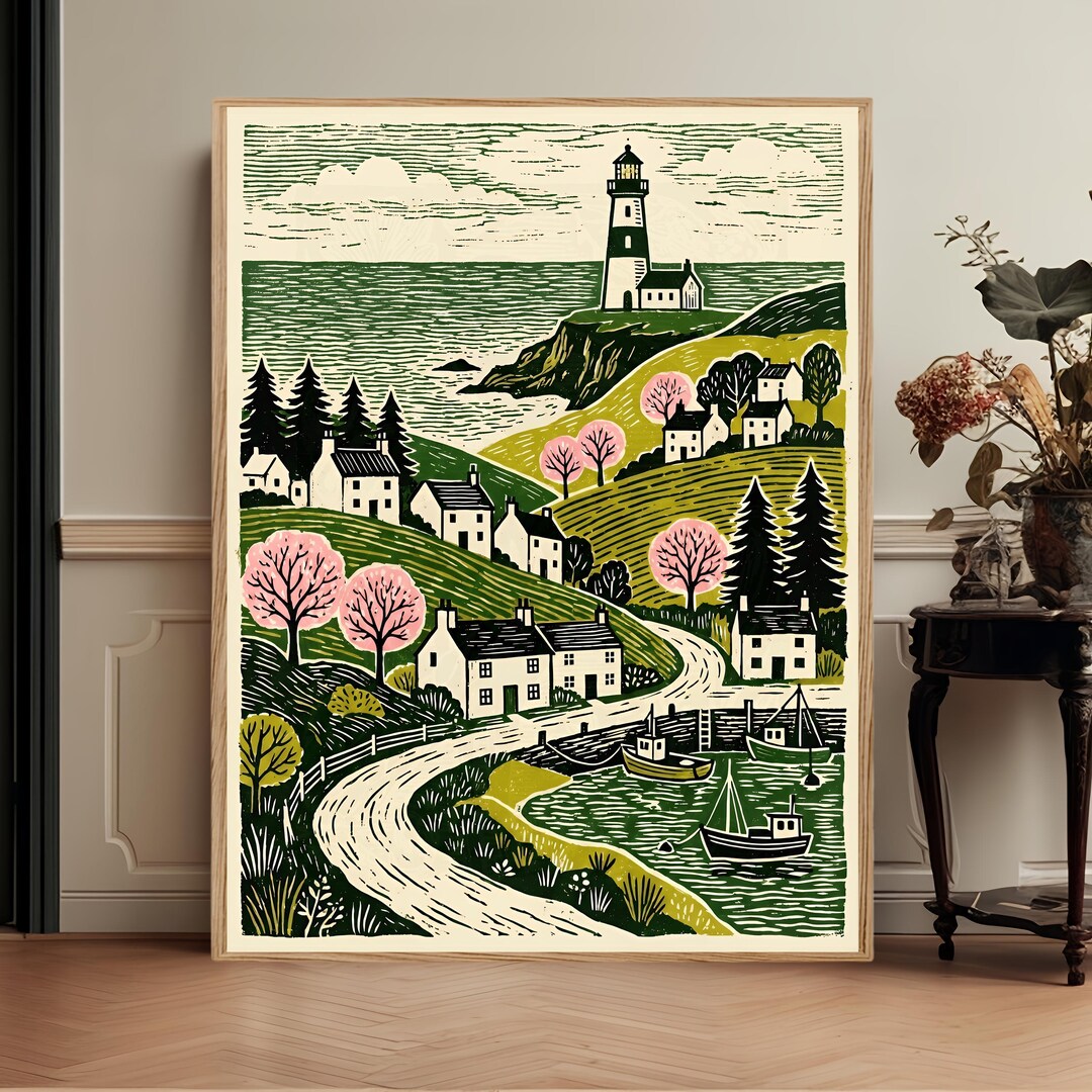 Naive Folk Landscape Wall Art Linocut European Countryside Print - Etsy