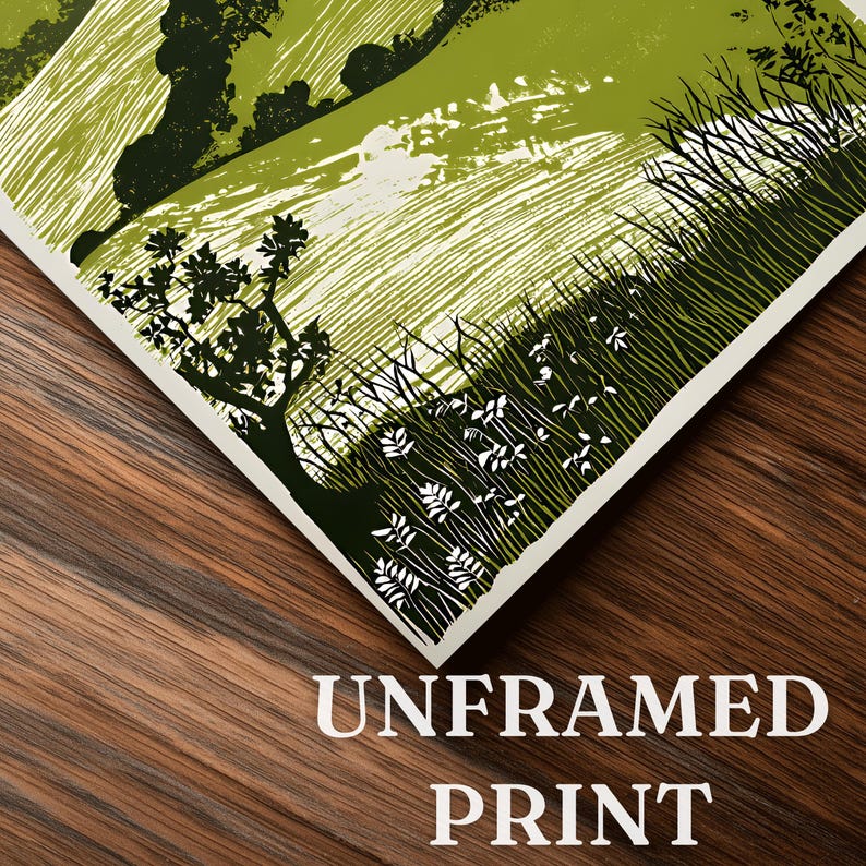 Modern Linocut Landscape Art Print, Modern Green Hills Wall Art, Nature ...