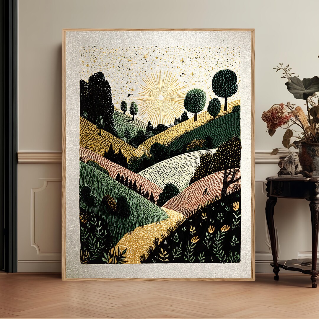 Vintage Folk Countryside Art Print, Botanical Landscape Pastoral Wall ...