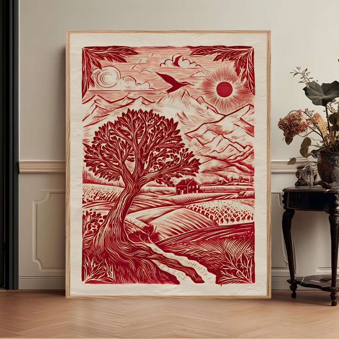 Red Folk Landscape Art Print, Linocut Style Countryside Wall Art - Etsy