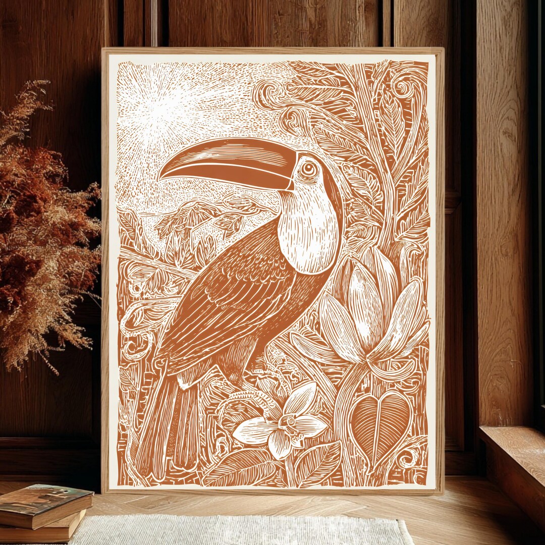 Modern Folk Toucan Art Print, Linocut Bird Wall Art, Botanical Tropical ...