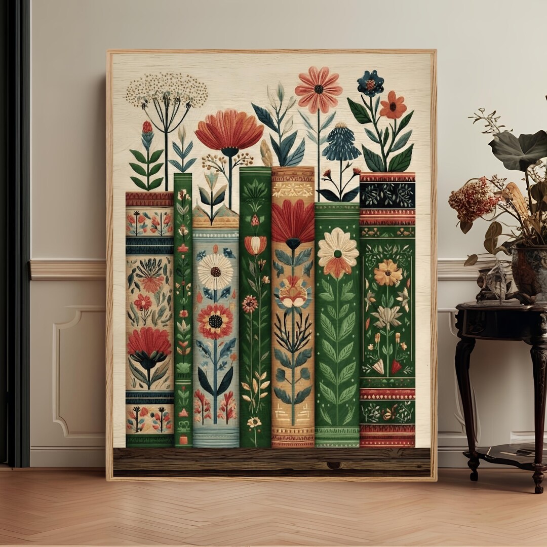 Folk Floral Book Stack Wall Art, Book Lover Gift, Earthy Literary Decor ...